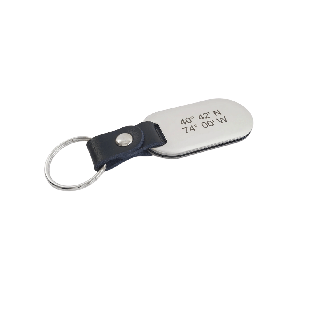 stainless steel and leather keychain engraved with latitude longitude ...